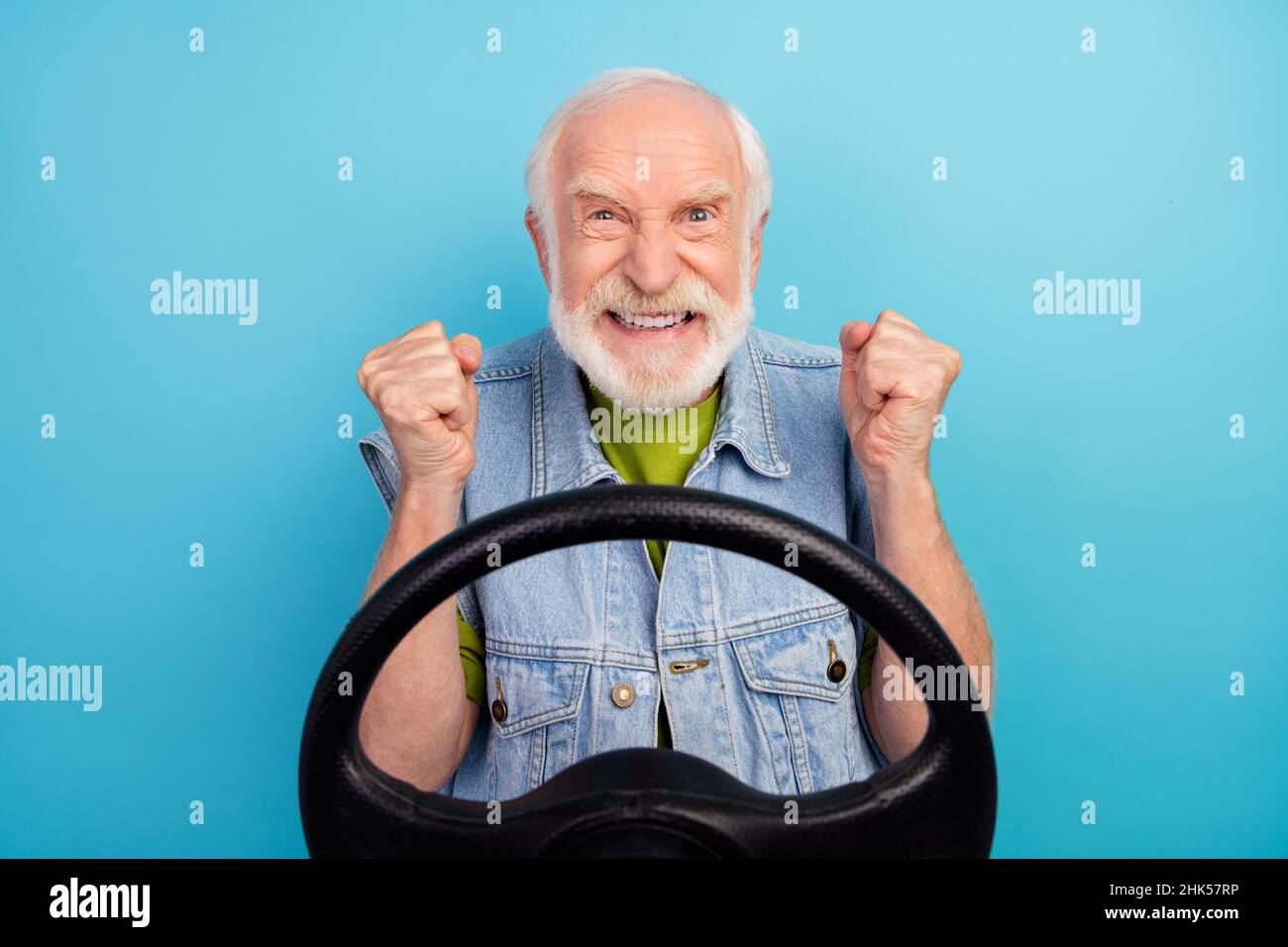 Photo of angry aggressive man pensioner dressed retro denim vest riding ...