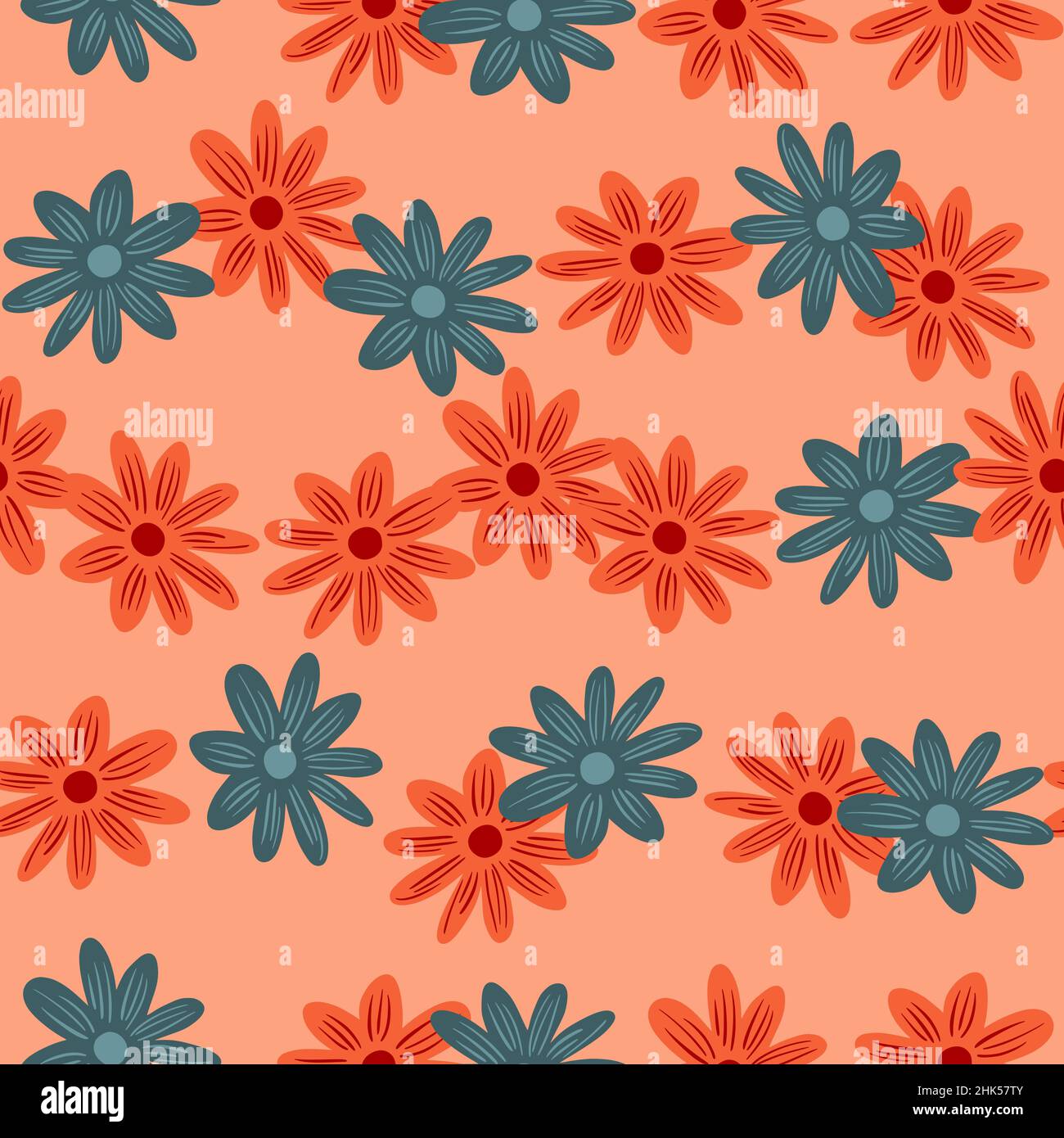 Hand drawn floral seamless pattern with red and blue bright daisy ...