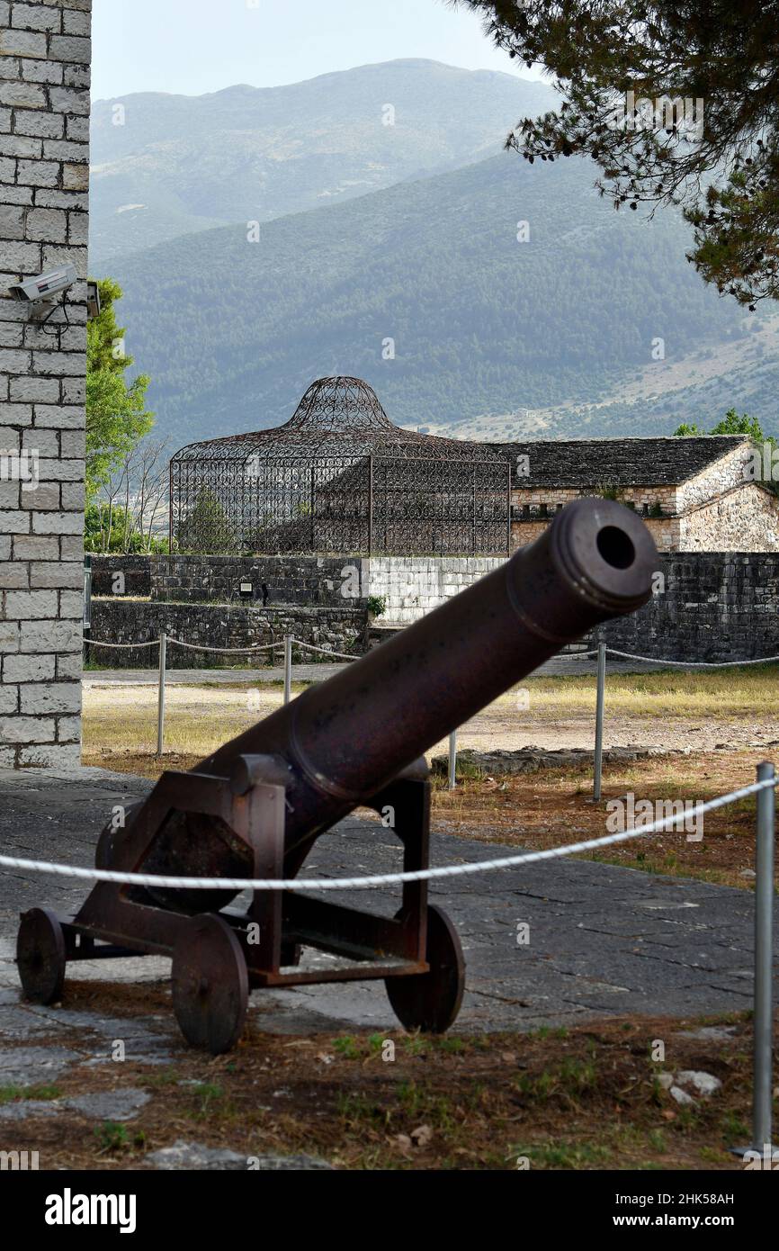 Greece, old cannon on iron carriage at the back of the byzantine museum ...