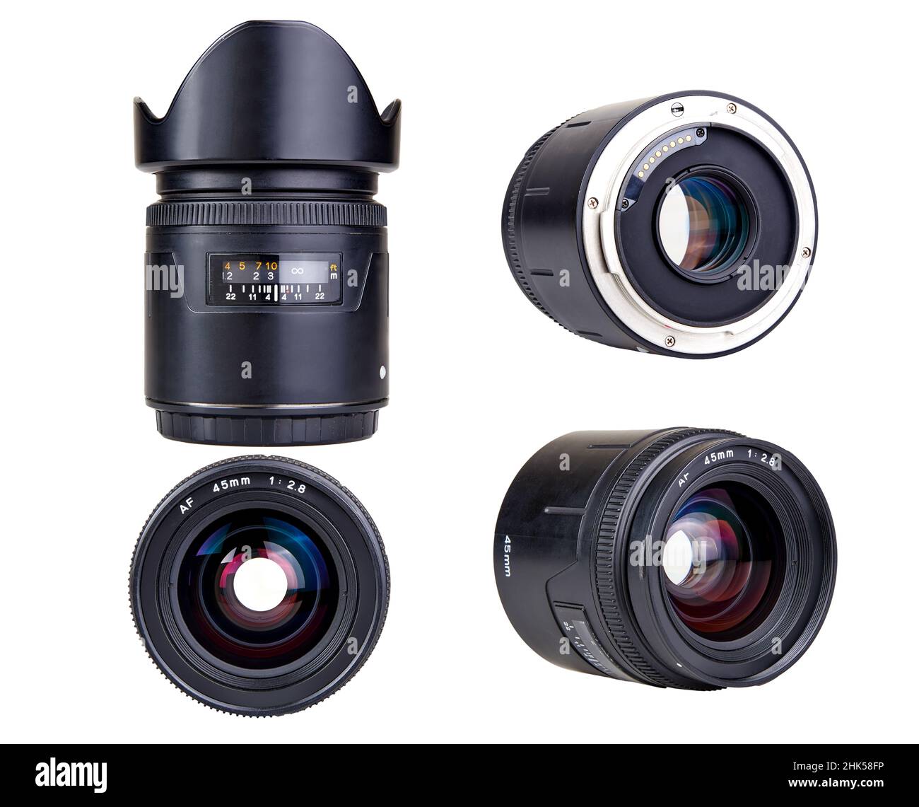 Composition with four position of a 45mm Reflex Camera lens . Studio ...