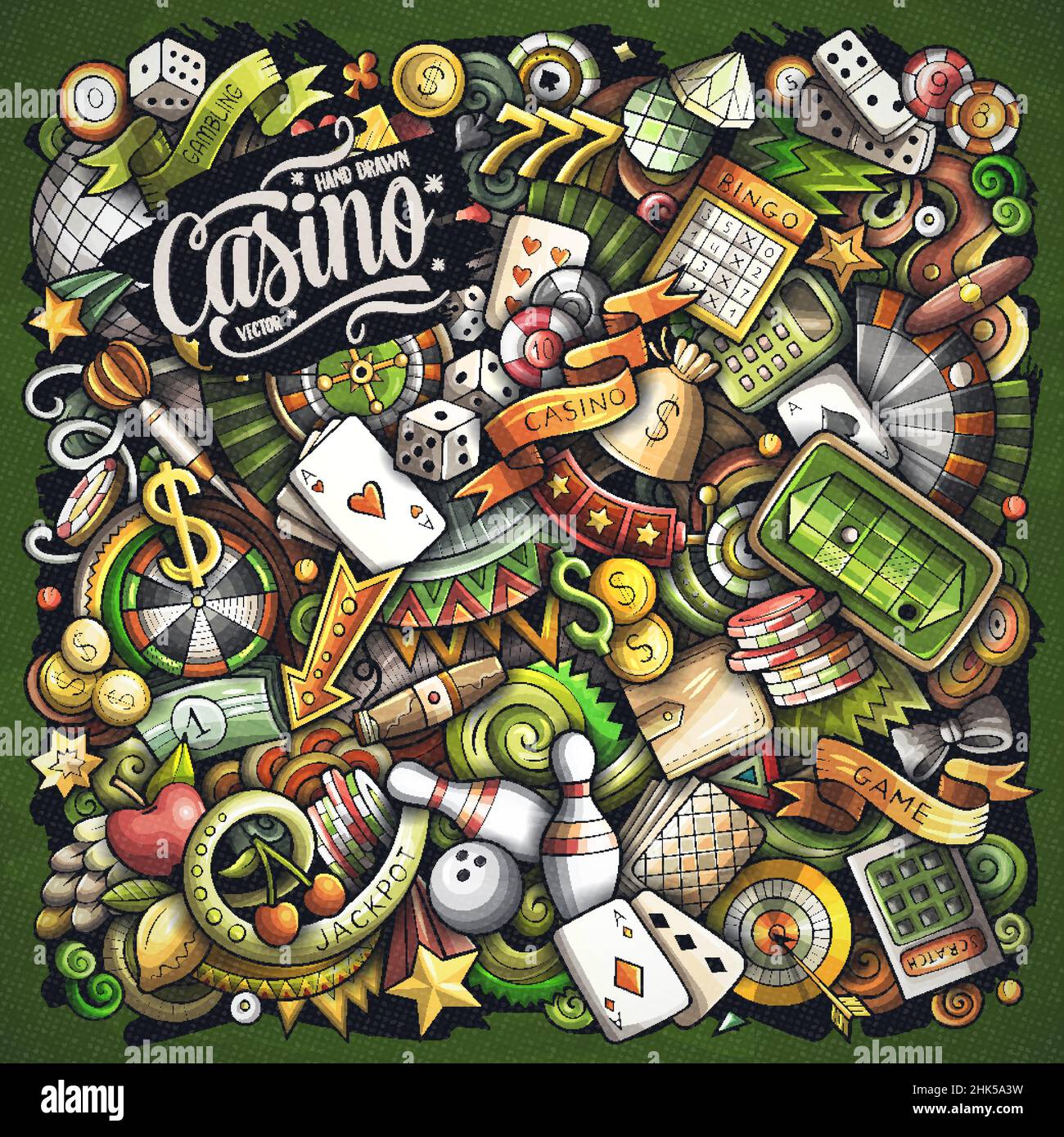 Casino hand drawn vector doodles illustration. Gambling elements and ...