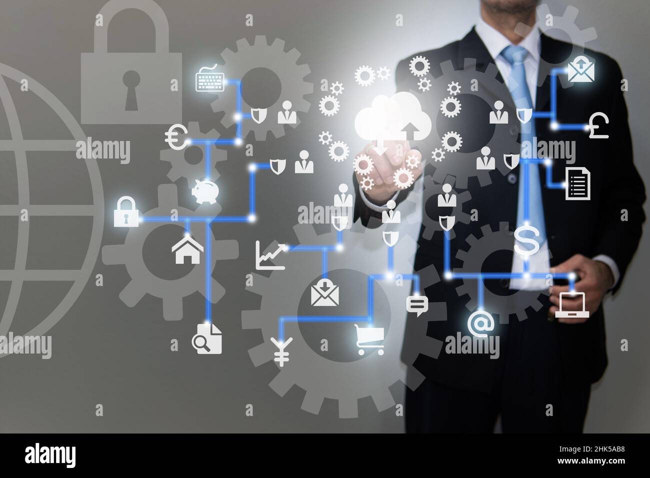 Businessman using modern computer, pressing button on virtual screen ...