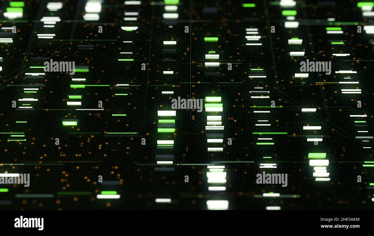 Code processing in circuit board, abstract server. Data moves in the form of rows of glowing ...