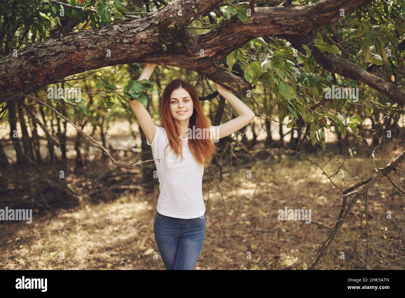 woman touching tree branch with hands on nature in summer garden Stock ...