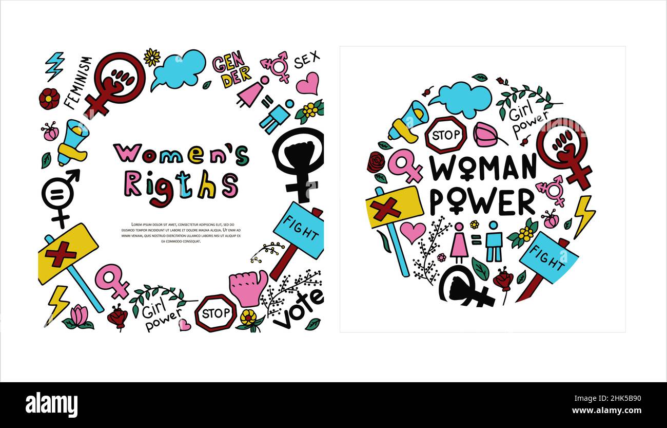 vector doodle cards of feminism, women s rights. Grunge hand drawn ...