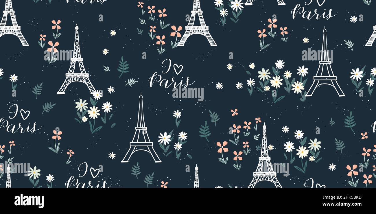 Romantic hand drawn Eiffel Tower seamless pattern, great Valentine's ...