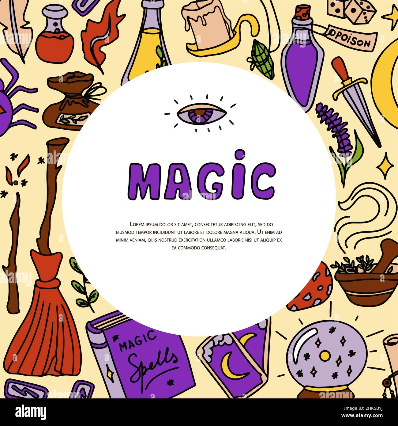 Magic hand drawn doodle banners. Vector icons of magic items ...