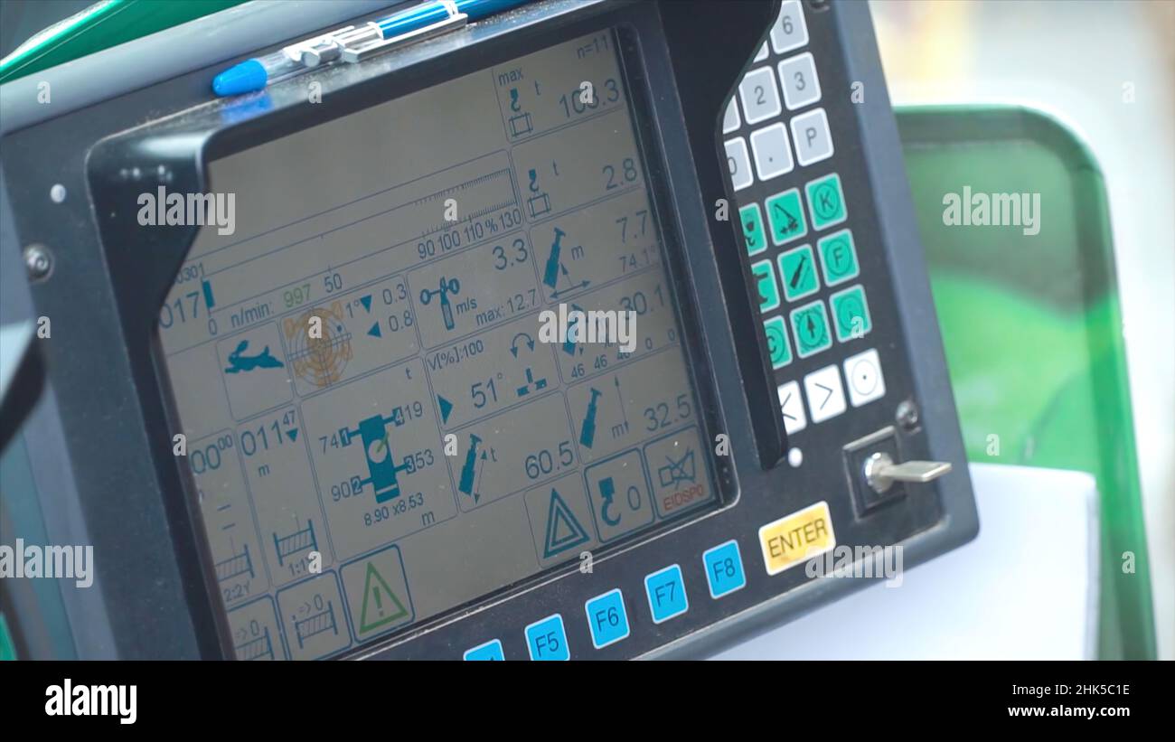 Dashboard of construction crane. Clip. Interior view in the crane cabin ...