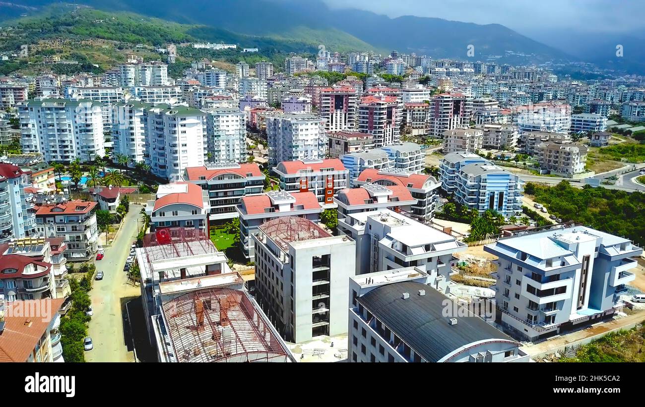 Top view of resort city with high-rise buildings. Clip. Beautiful ...