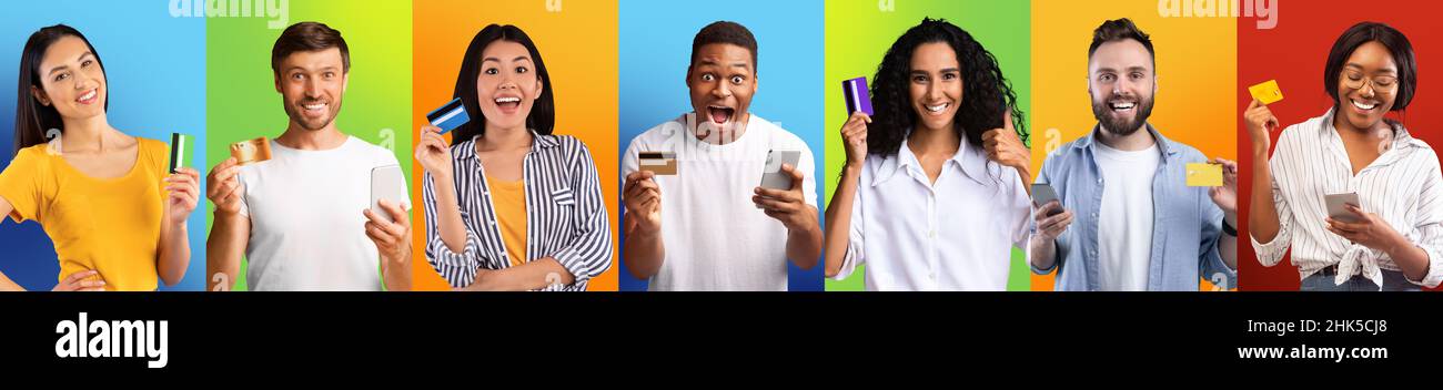 Excited diverse people using smartphones showing debit credit cards ...