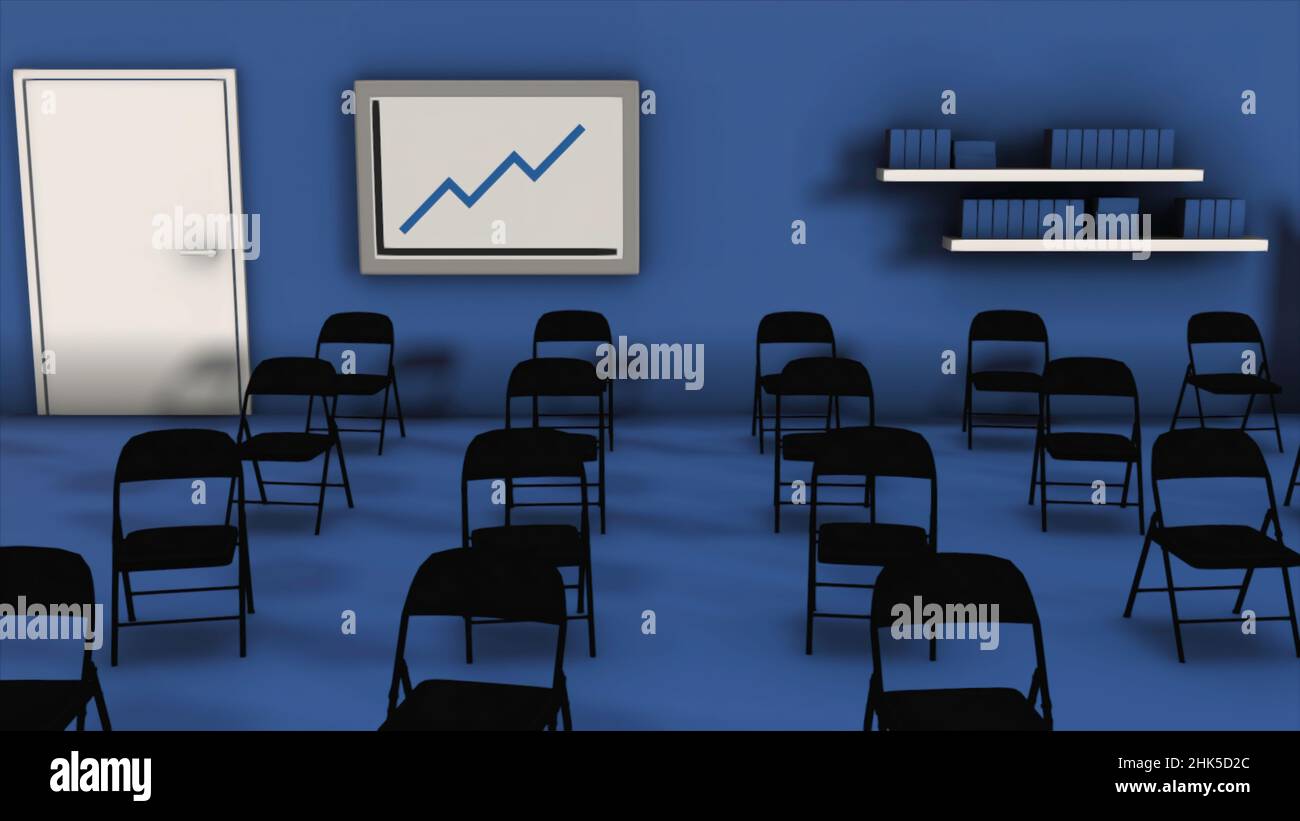 Interior of conference hall in blue colors with chairs, board with a ...