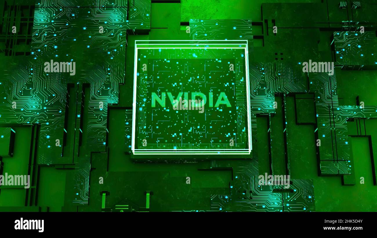 Green abstract chip with the name of technology company. Motion ...