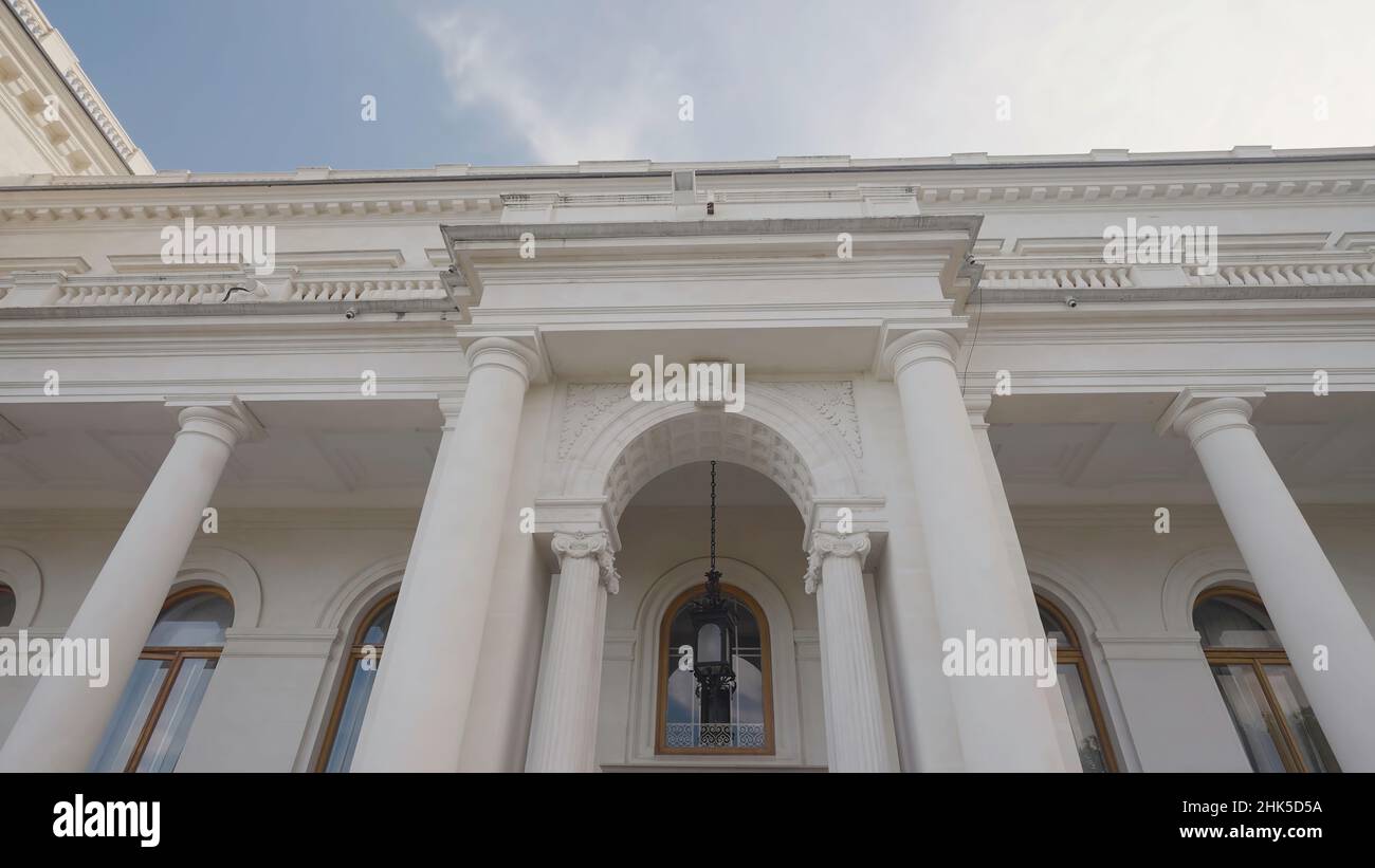 Facade of Livadia Palace in Crimea. Action. Beautiful facade of white ...