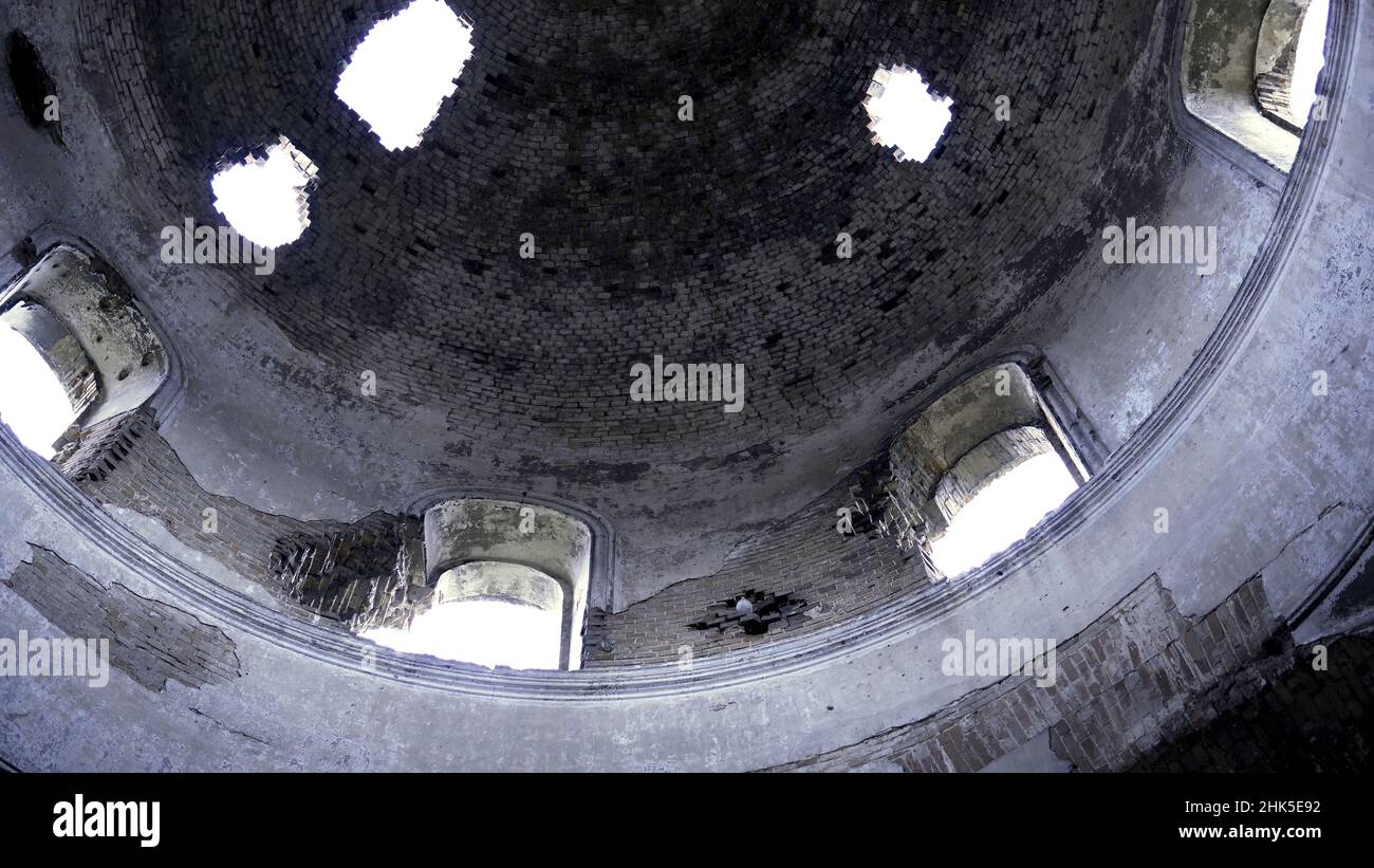 Inside view of the dome of the destroyed Church. Footage. Destroyed ...