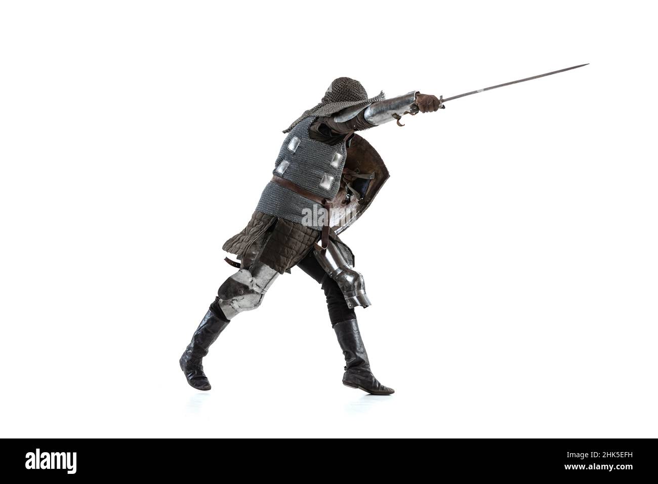 Portrait of brave medieval warrior, knight in special coat of mail ...