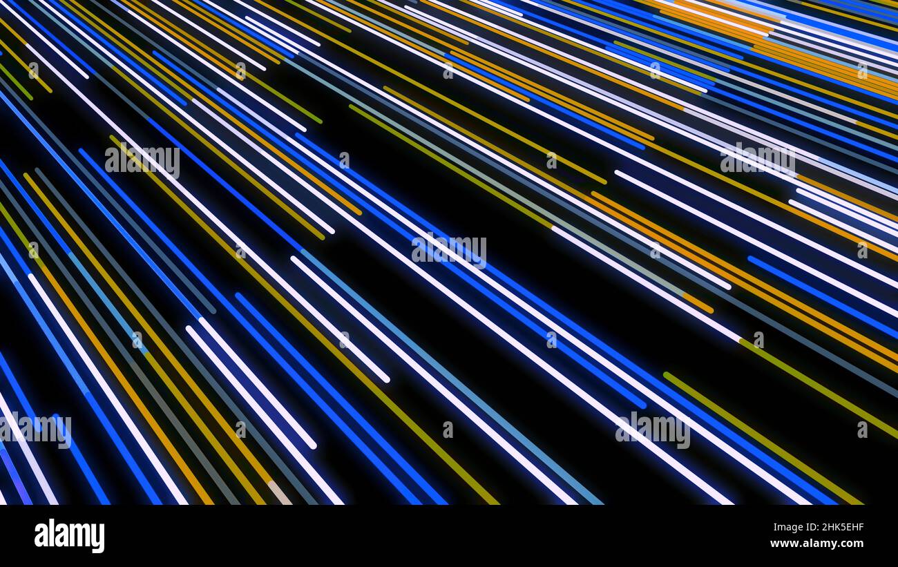 Stream of colorful lines moving diagonally on black background ...
