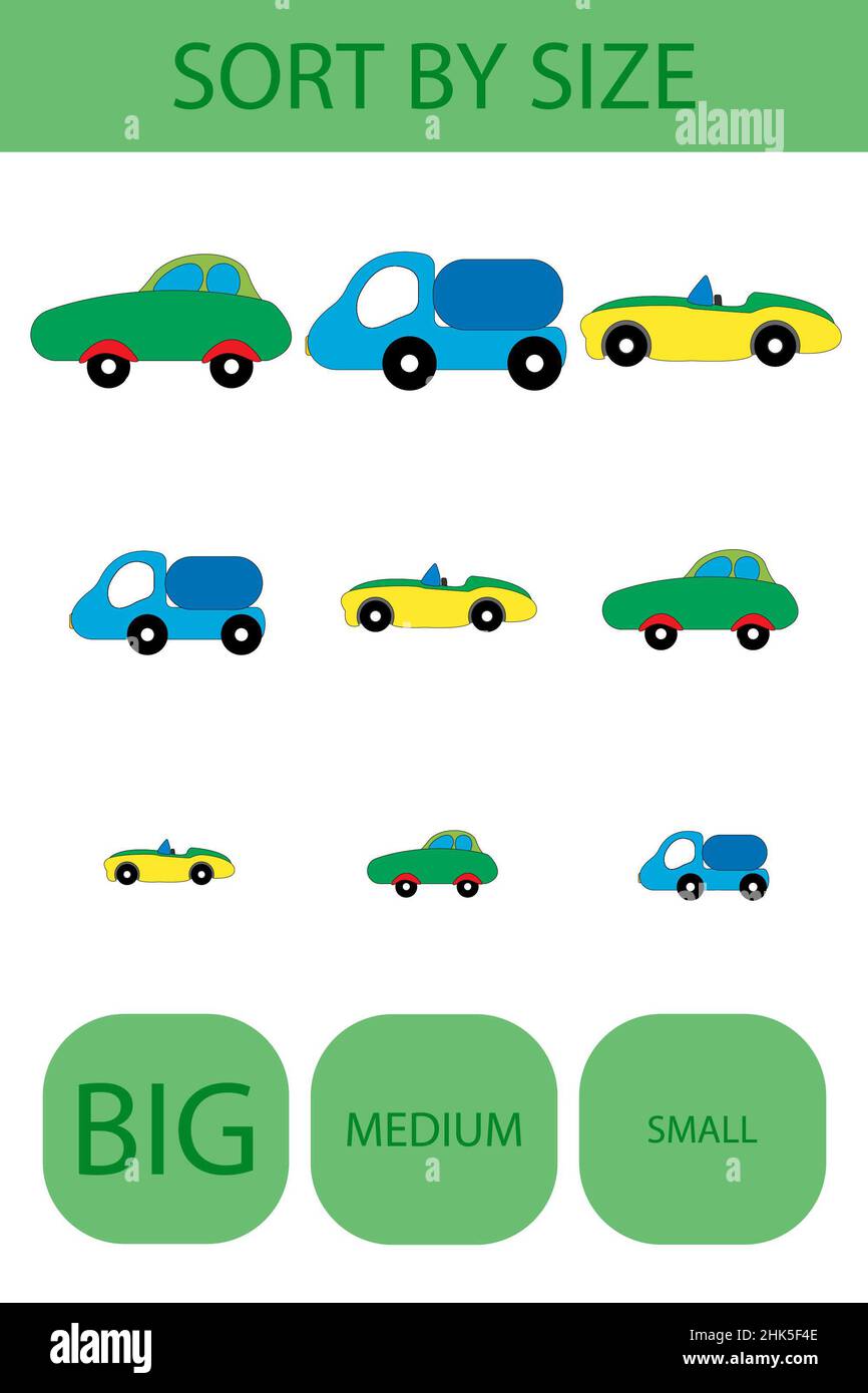 Match the toys cars by size large, medium and small. Children's educational game Stock Photo - Alamy