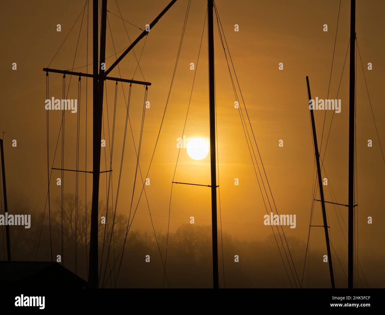 Big, orange sun; an abstract array of yacht masts at sunrise in ...