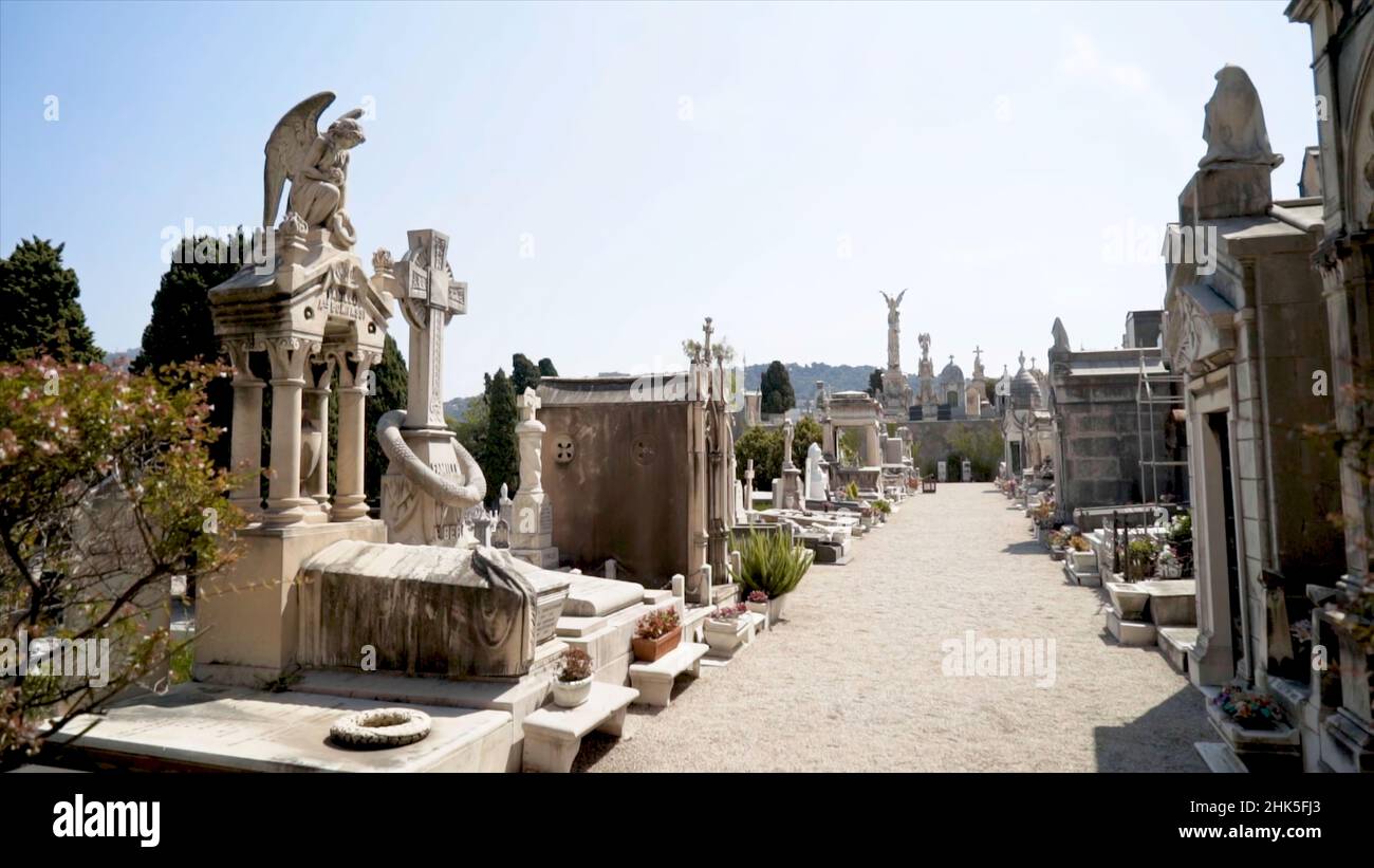 European cemetery with tombs and sculptures. Action. Beautiful ...