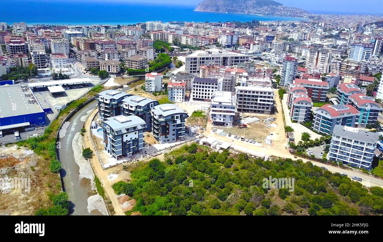 Top view of resort city with high-rise buildings. Clip. Beautiful ...