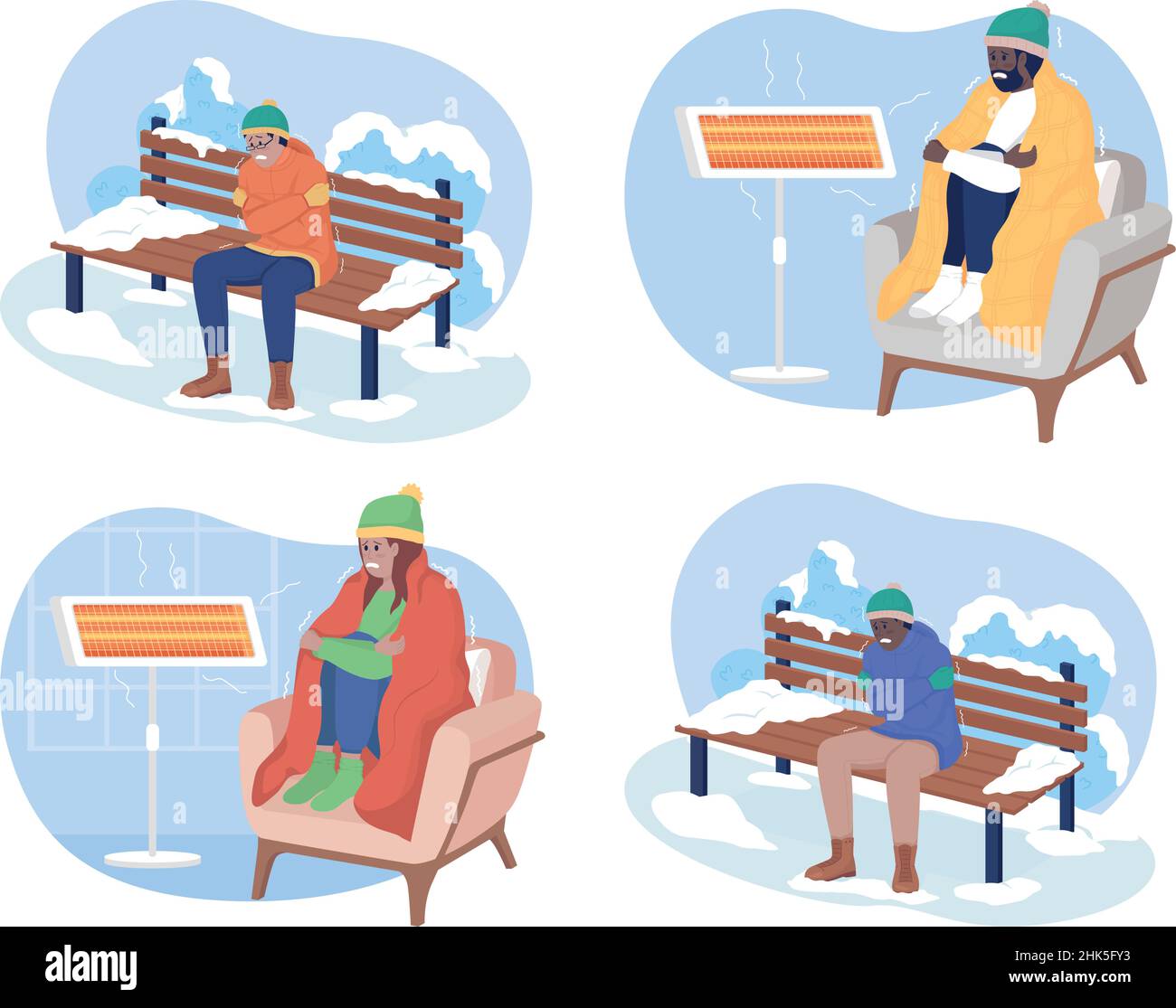 Freezing in cold weather 2D vector isolated illustration set Stock ...
