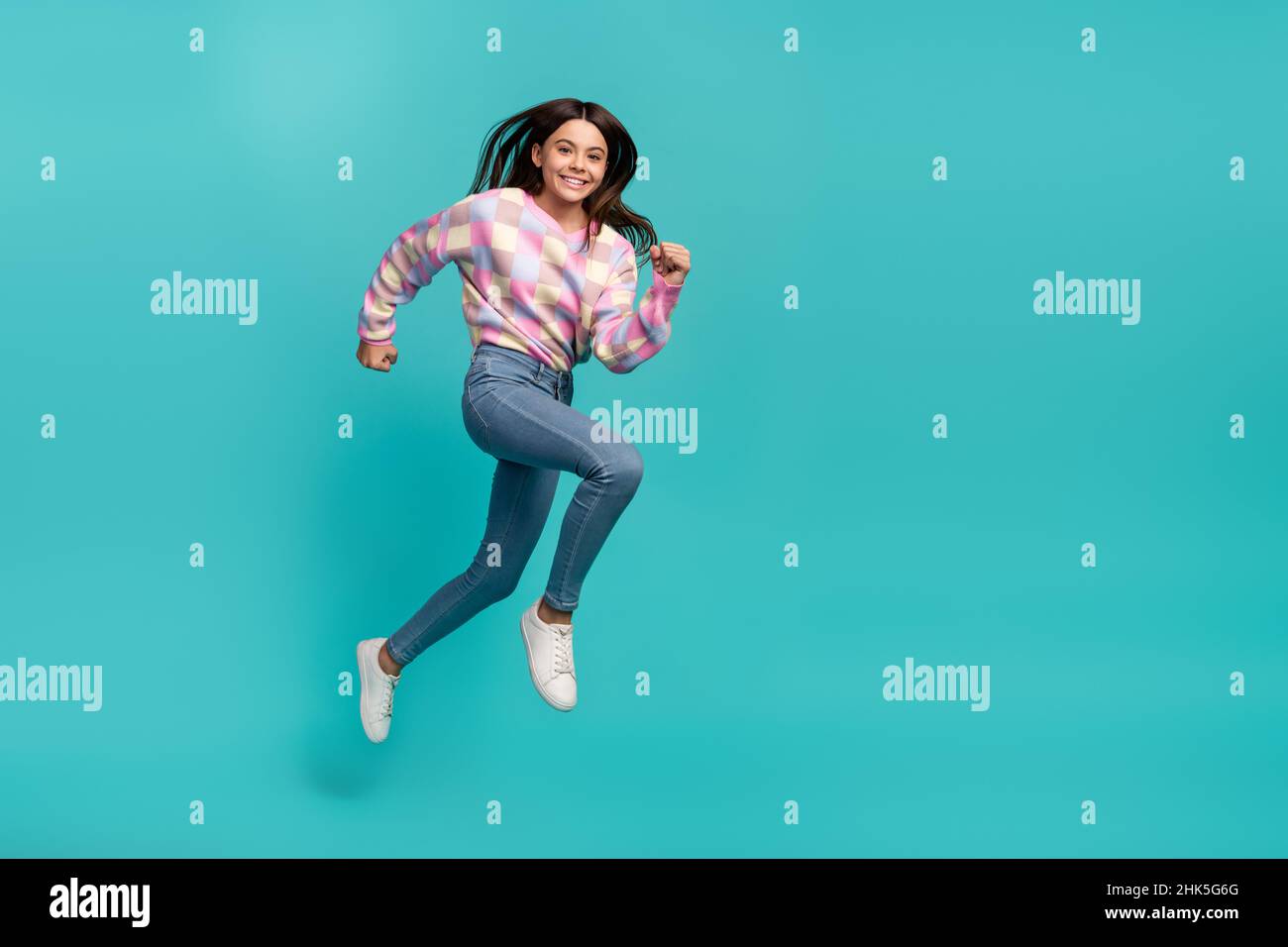 Full length body size view of attractive cheery motivated girl jumping ...