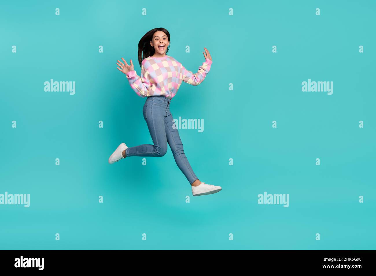 Full length body size view of attractive cheery girl jumping walking ...