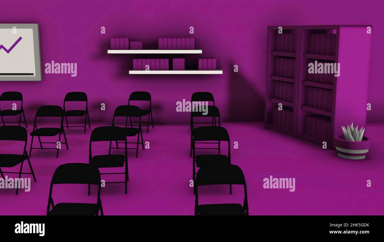 Interior of conference hall in pink colors with chairs, board with a ...