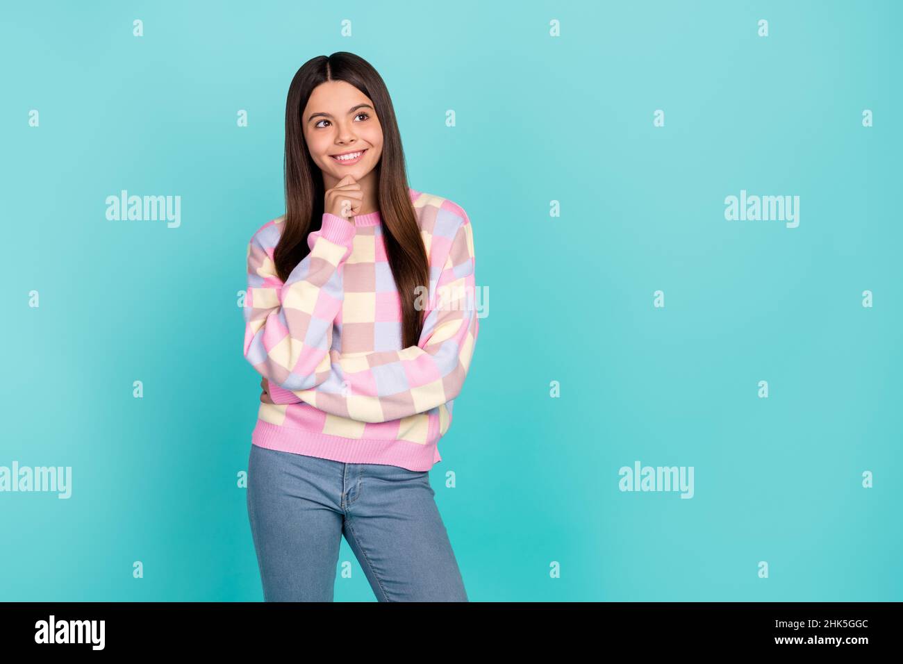 Photo of intelligent cute school girl dressed prink pullover arm chin ...