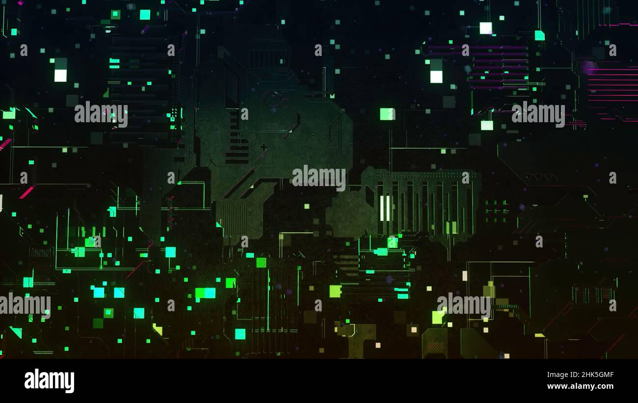 Abstract dark circuit board with many details and moving elements ...