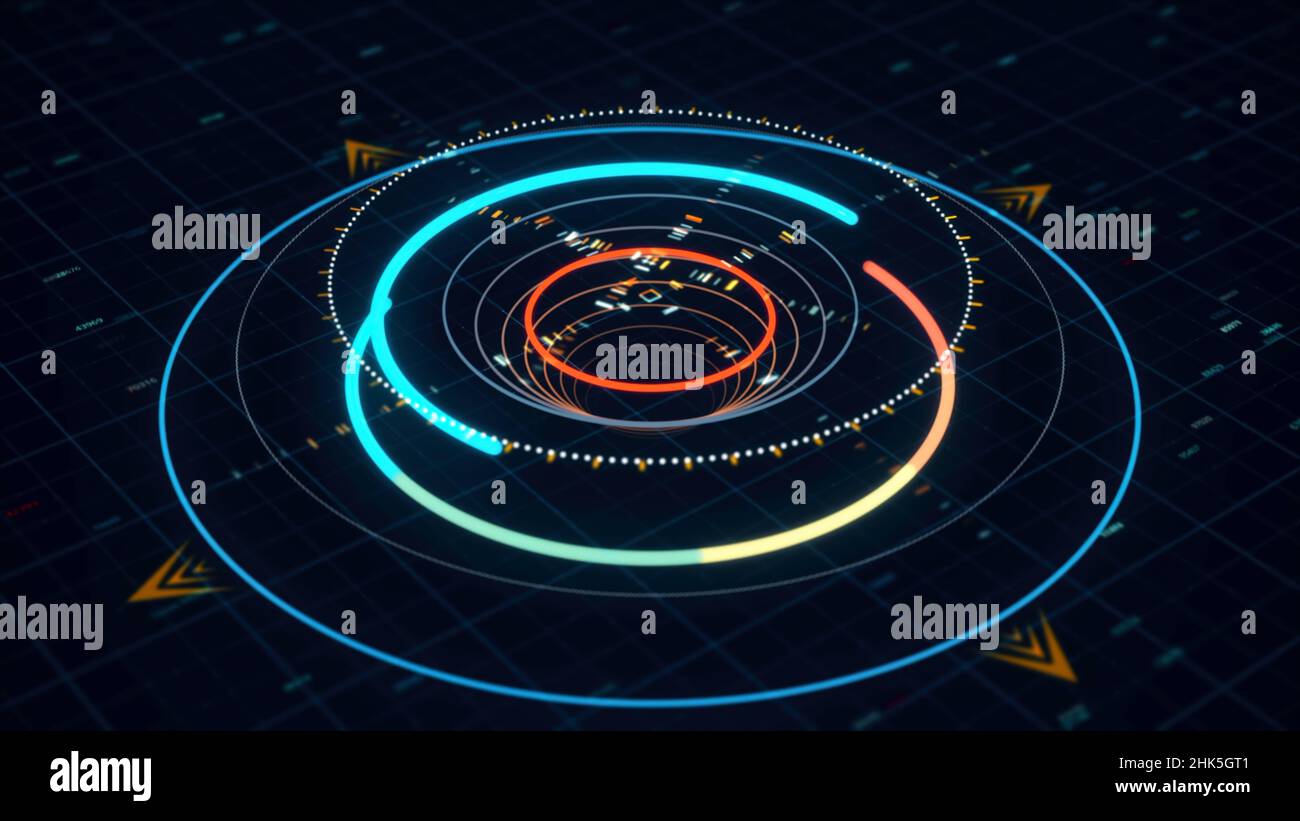 Bright neon 3d abstract animation of circular graph with digits ...