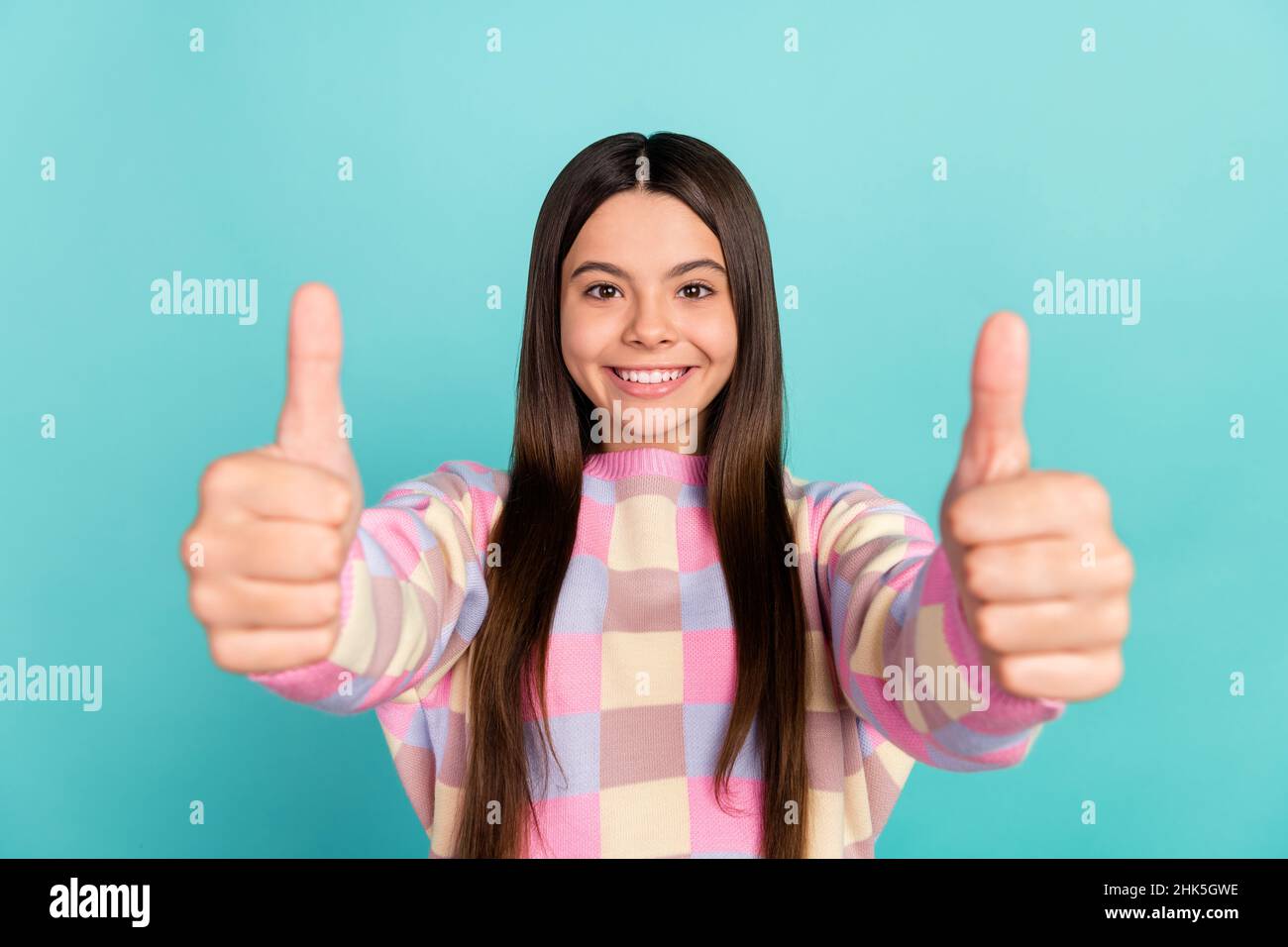 Photo of young cheerful lady show thumbs-up ads perfect ideal feedback ...