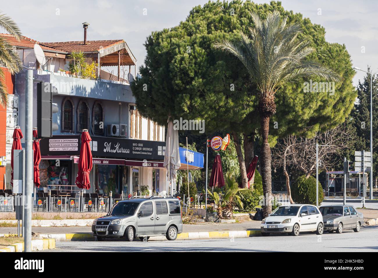 Side, Turkey -January 23, 2022: a City street with houses, Burger King ...