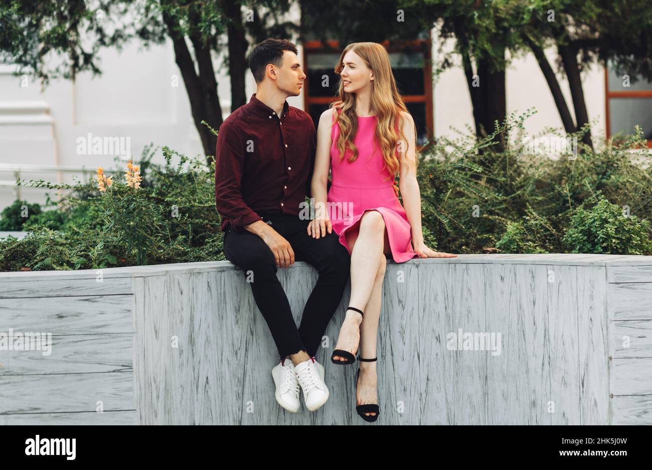 Romantic couple in love look at each other, on vacation enjoy moments ...