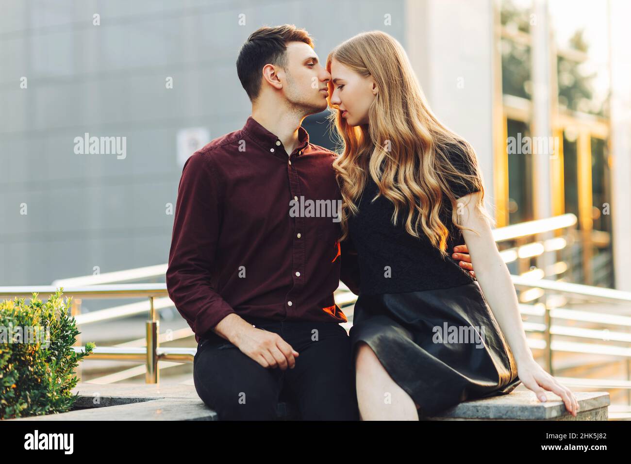 Romantic couple in love look at each other, on vacation enjoy moments ...