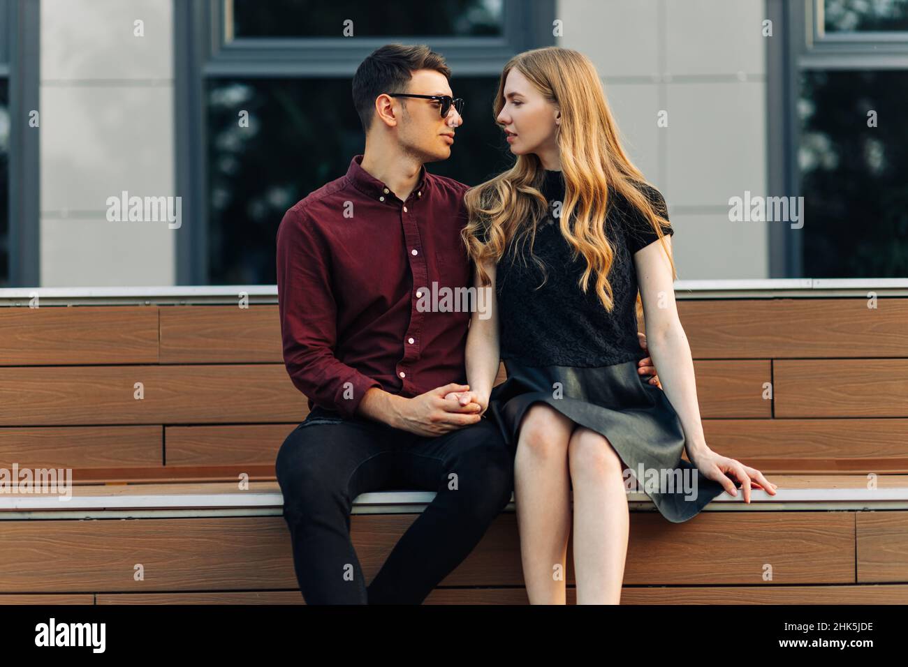 Romantic couple in love look at each other, on vacation enjoy moments ...