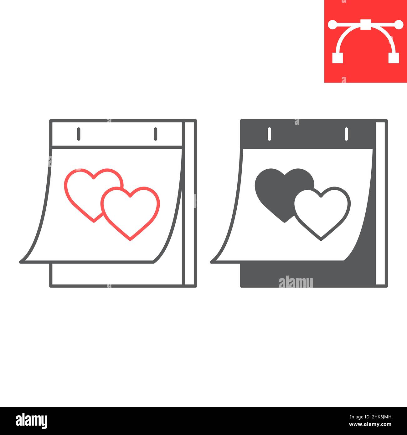 Valentines day calendar line and glyph icon, valentines day and ...