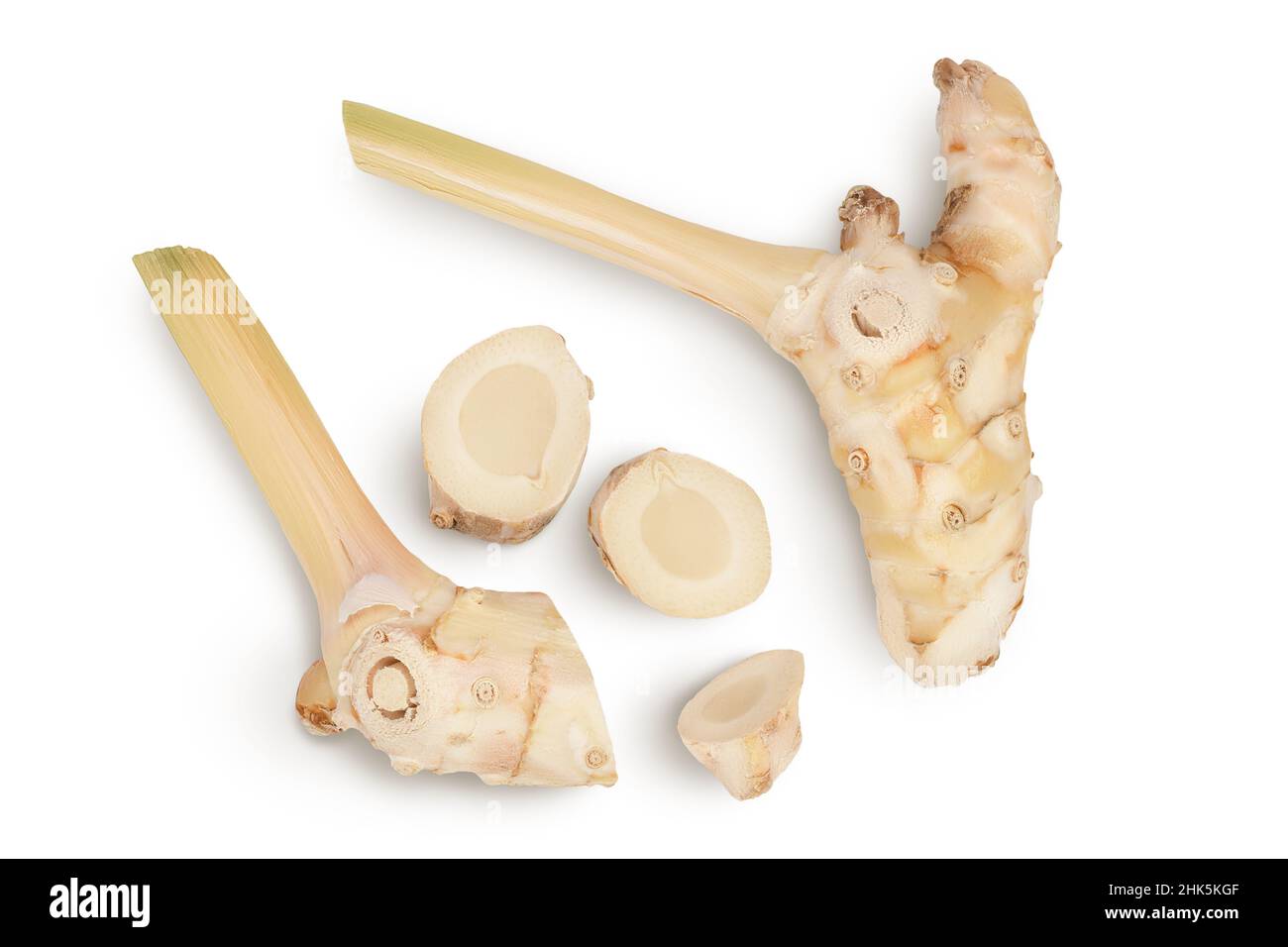 Fresh galangal root with slices isolated on white background with ...