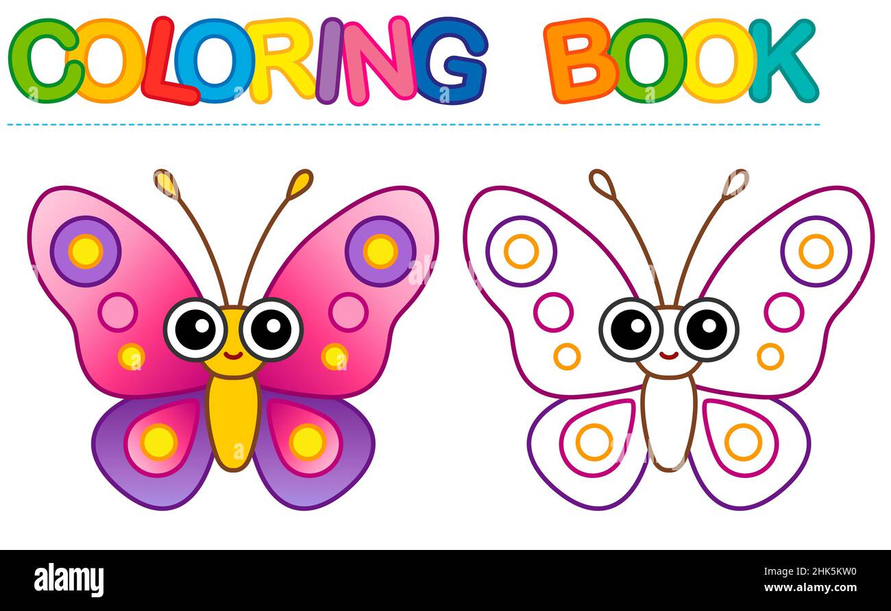 Coloring page funny smiling butterfly insect. Vector coloring book for ...