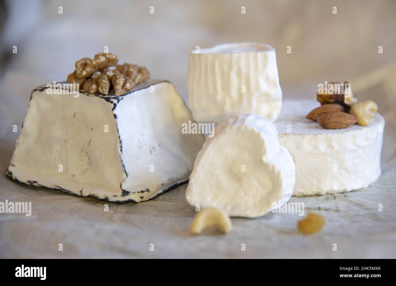 Various types of cheese with white mold on packaging paper. Home ...