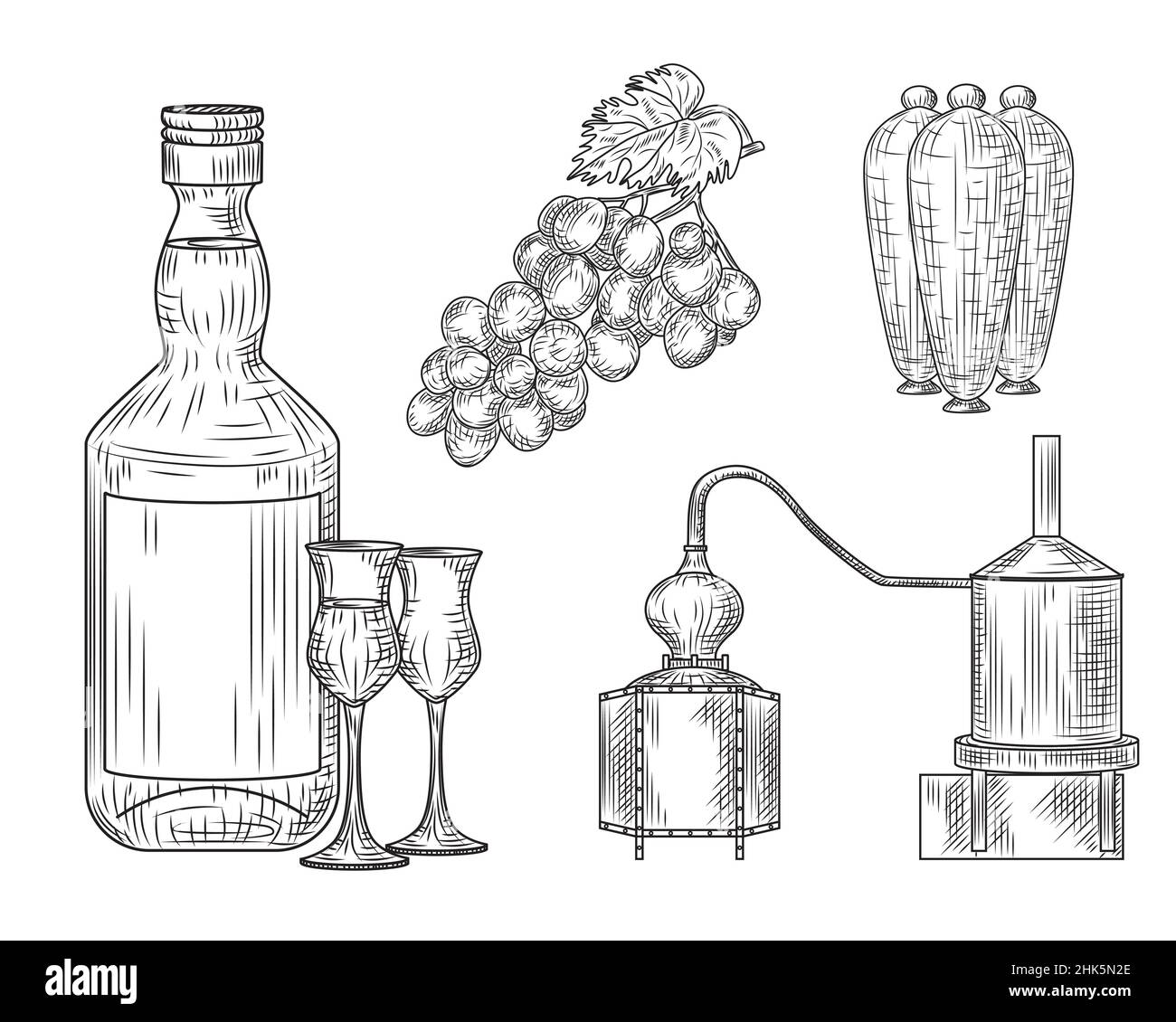 Set of Pisco. Peru of traditional alcohol drink. Bottle, glass, alembic ...