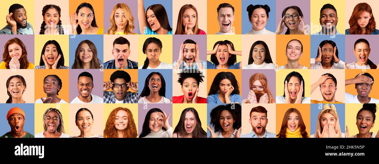 Collection of closeup photos, millennials feelings and emotions concept ...