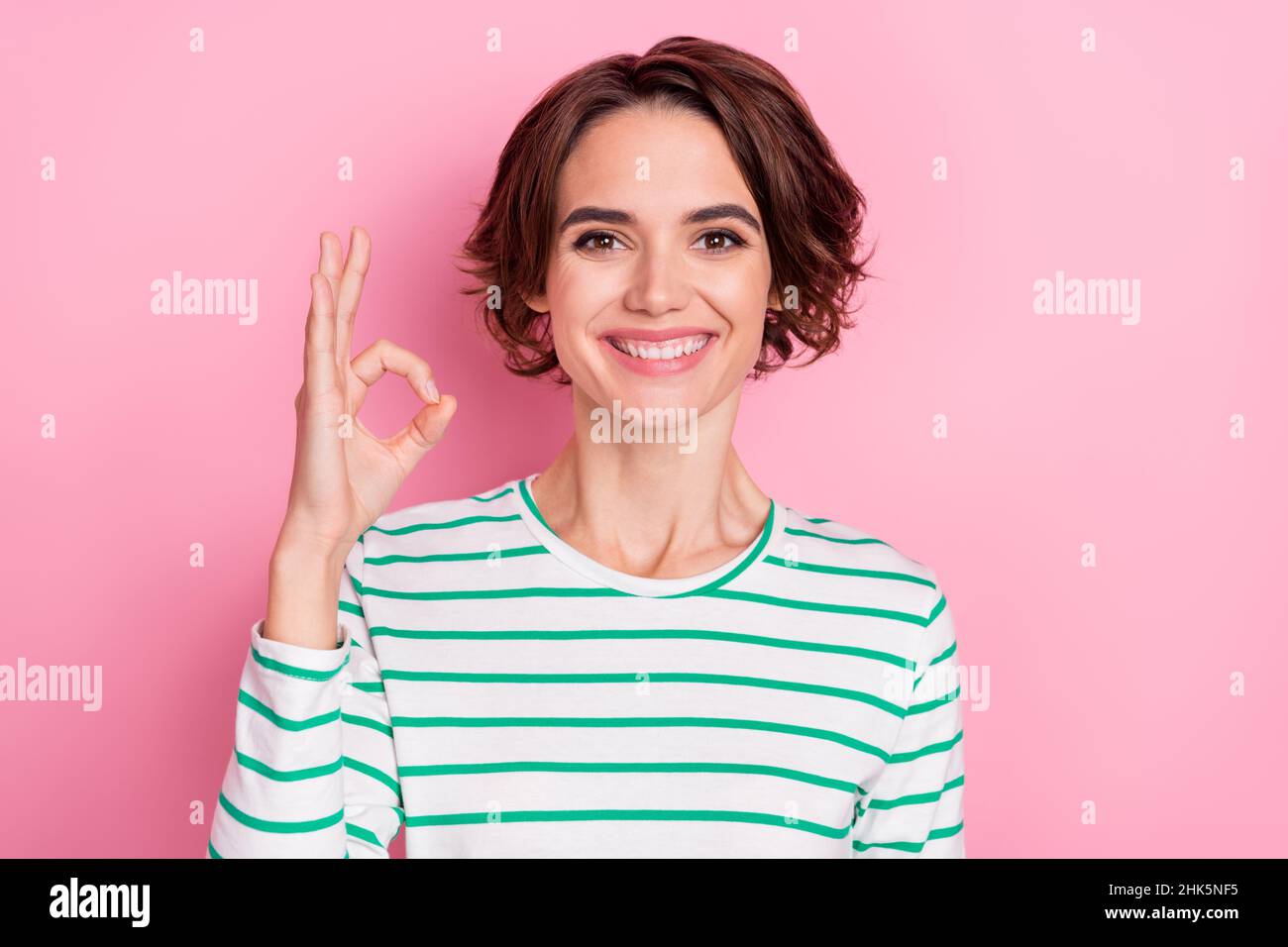 Portrait of attractive cheerful brunette girl showing ok-sign agree ad ...