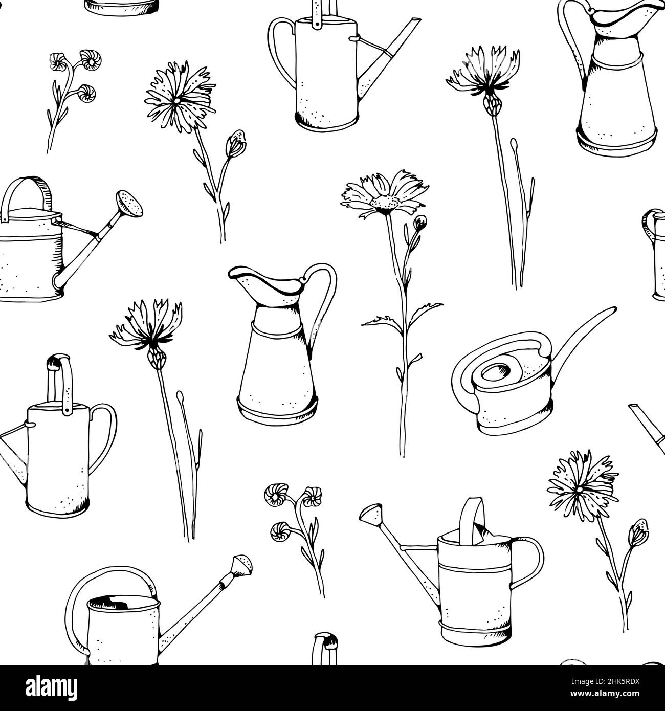 Garden watering can vector seamless pattern, hand drawn sketch spring ...