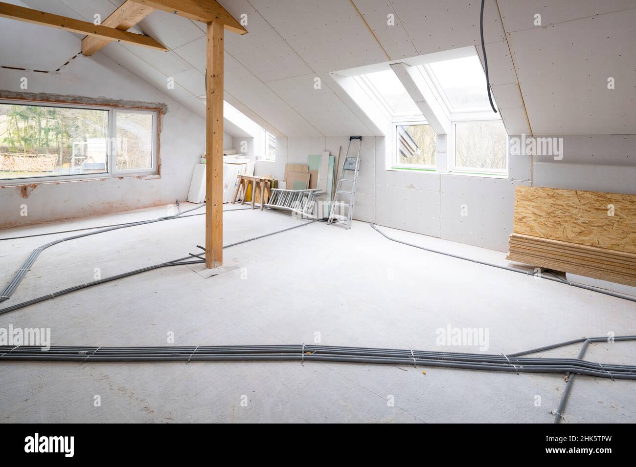 bright, friendly, modern loft construction site drywall without people ...