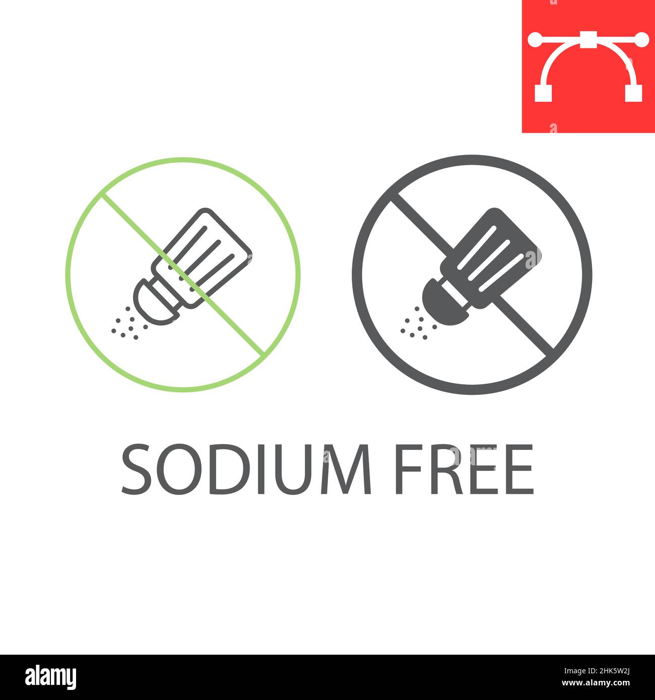 Sodium free line and glyph icon, product and salt shaker, salt free ...