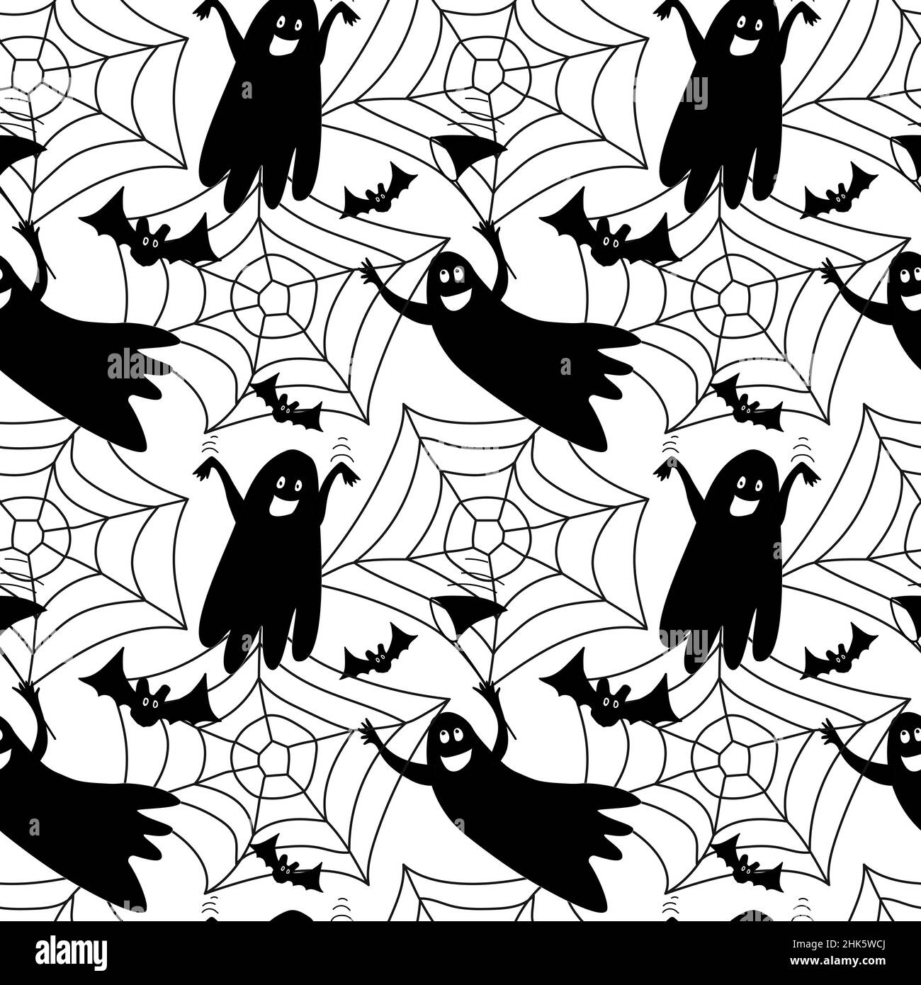 Halloween seamless pattern with doodle cute ghosts on white background ...
