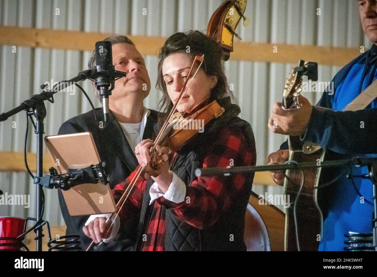 The Mayo Family band performing a barn concert from the back of a ...