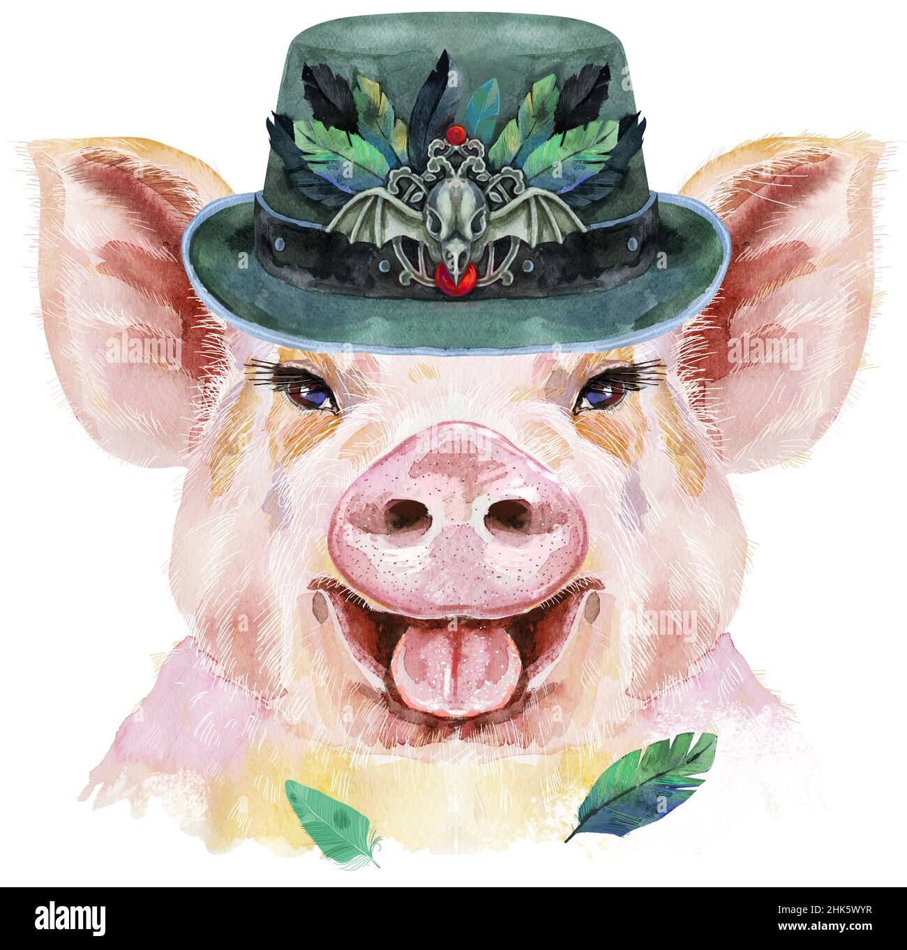 Cute piggy in olive hat. Pig for T-shirt graphics Stock Photo - Alamy