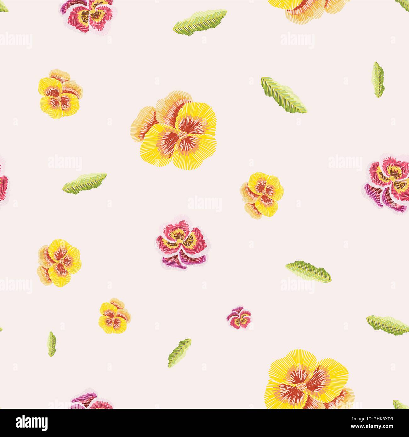 Hand drawn viola flowers in embroidery style seamless pattern Stock ...